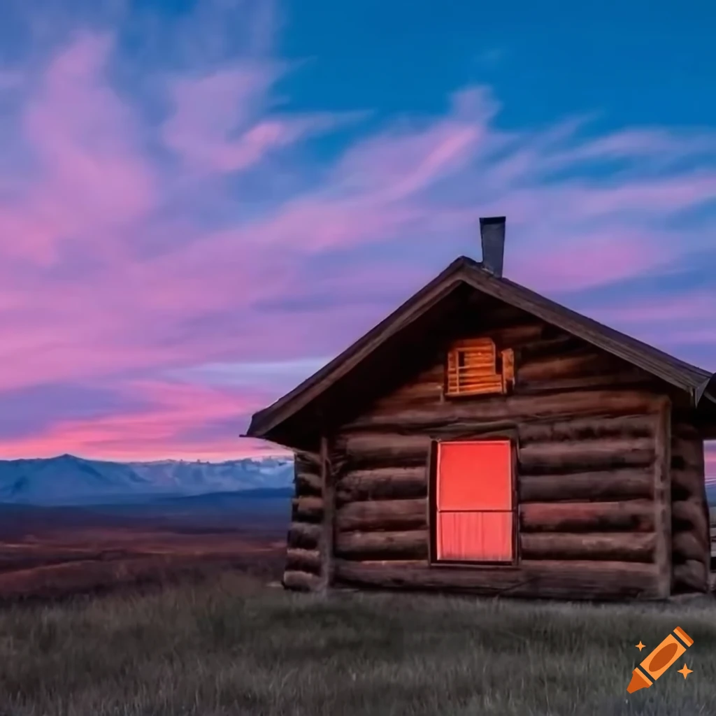 Stunning handcrafted baroque log cabin overlooking a pink sunset with ...