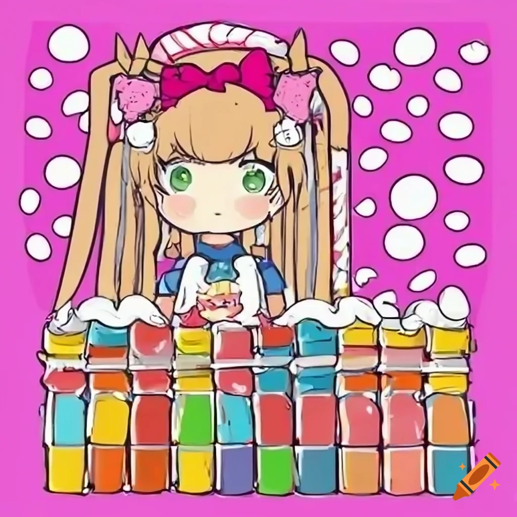 Anime-style girl selling colorful candies in a sweet shop on Craiyon
