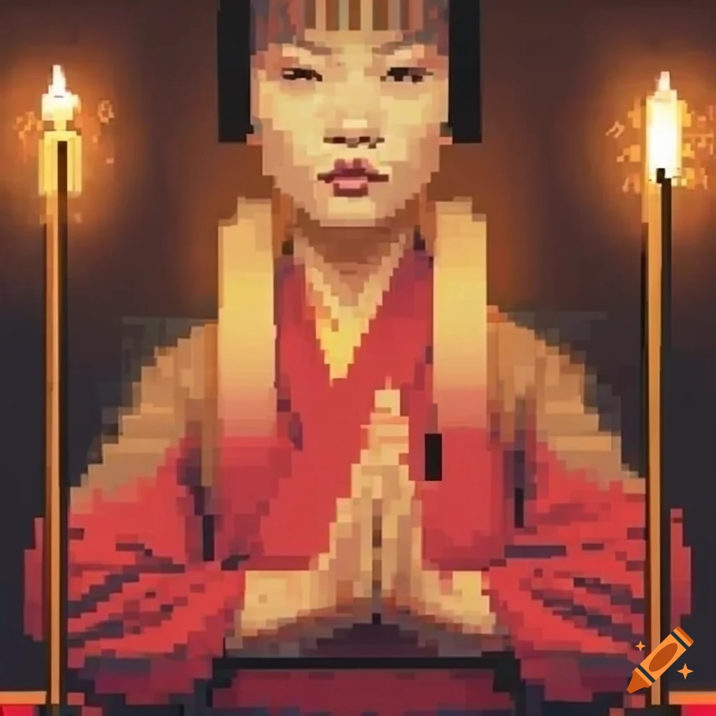 Pixel art oil painting of a female kung-fu master in a dojo with candle ...