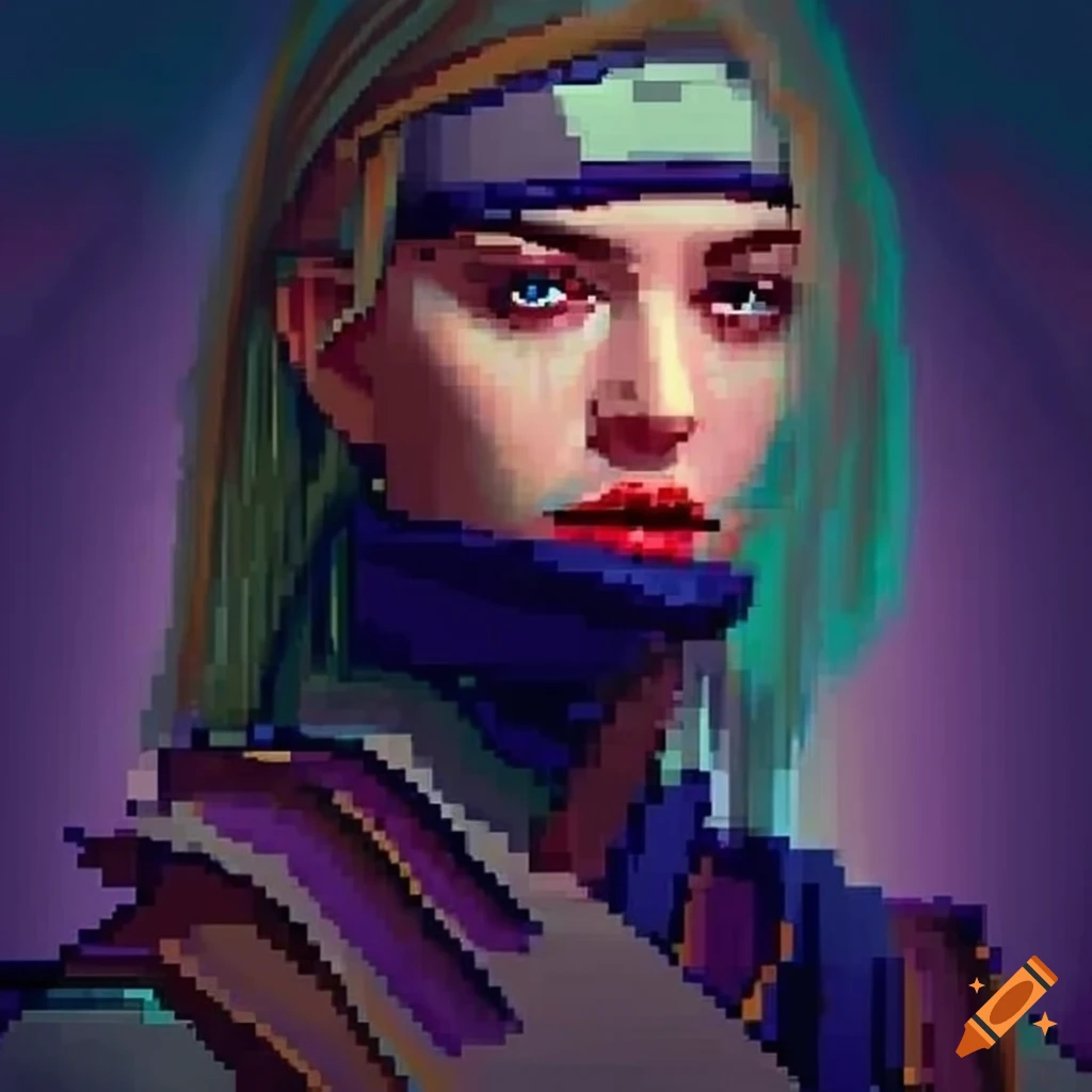 Pixel art of a female ninja with colorful hair and detailed features on ...