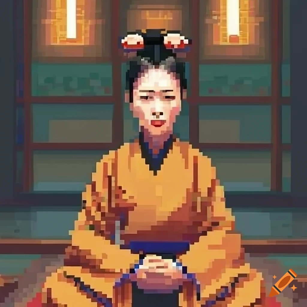Pixel art oil painting of a Chinese female Kung-fu master in a dojo by candlelight on Craiyon
