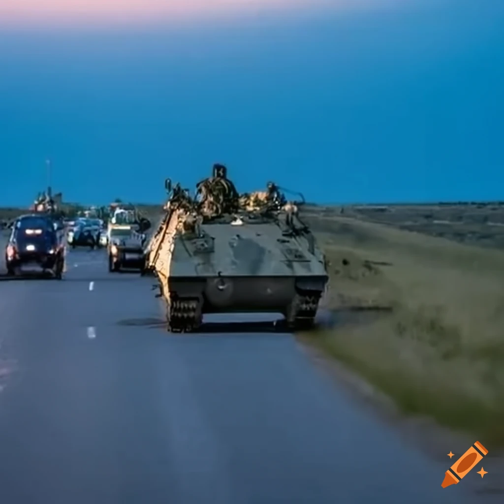 Traffic jam of m113 armoured personnel carriers on a steppe road on Craiyon