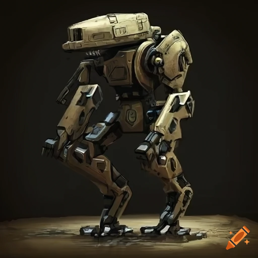 Military robot with advanced weaponry in early sci-fi design on Craiyon