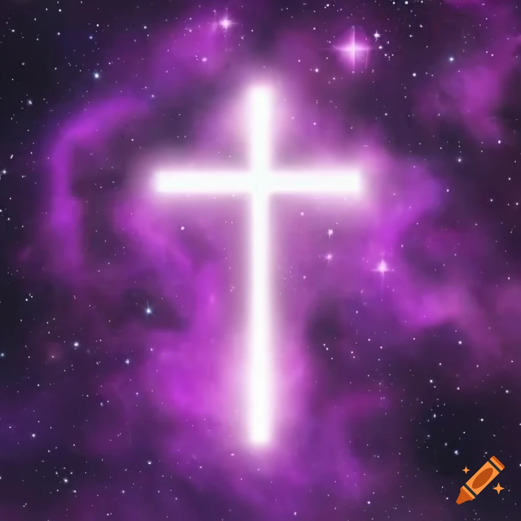 White glowing christian cross surrounded by a purple nebula and stars in high definition on Craiyon