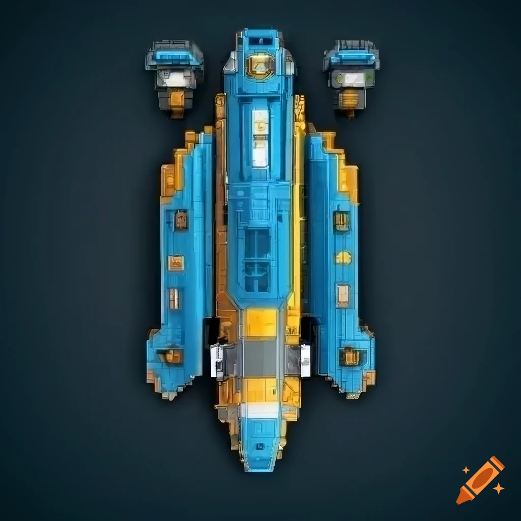Top-down view 2D space ship in sci-fi style with pixel art design on ...