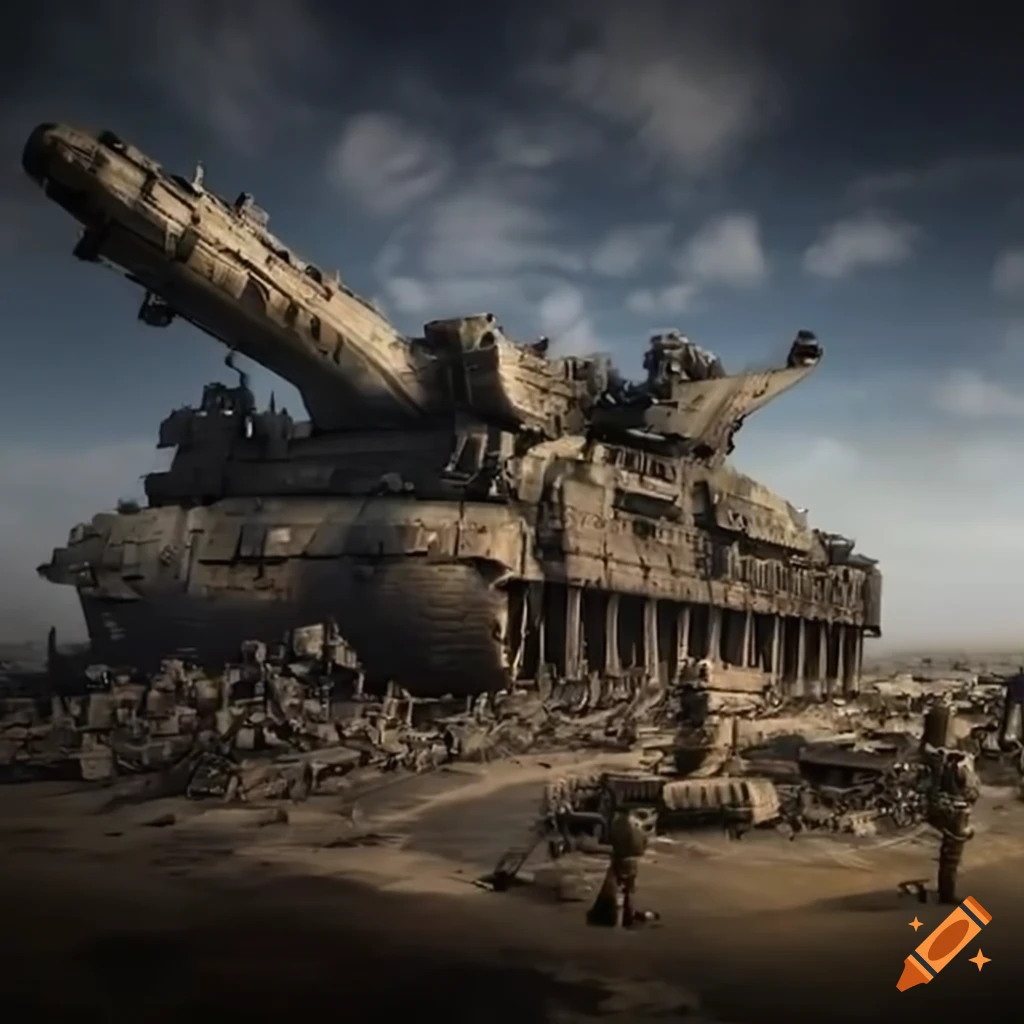 Wide angle view of a massive landship of war on Craiyon