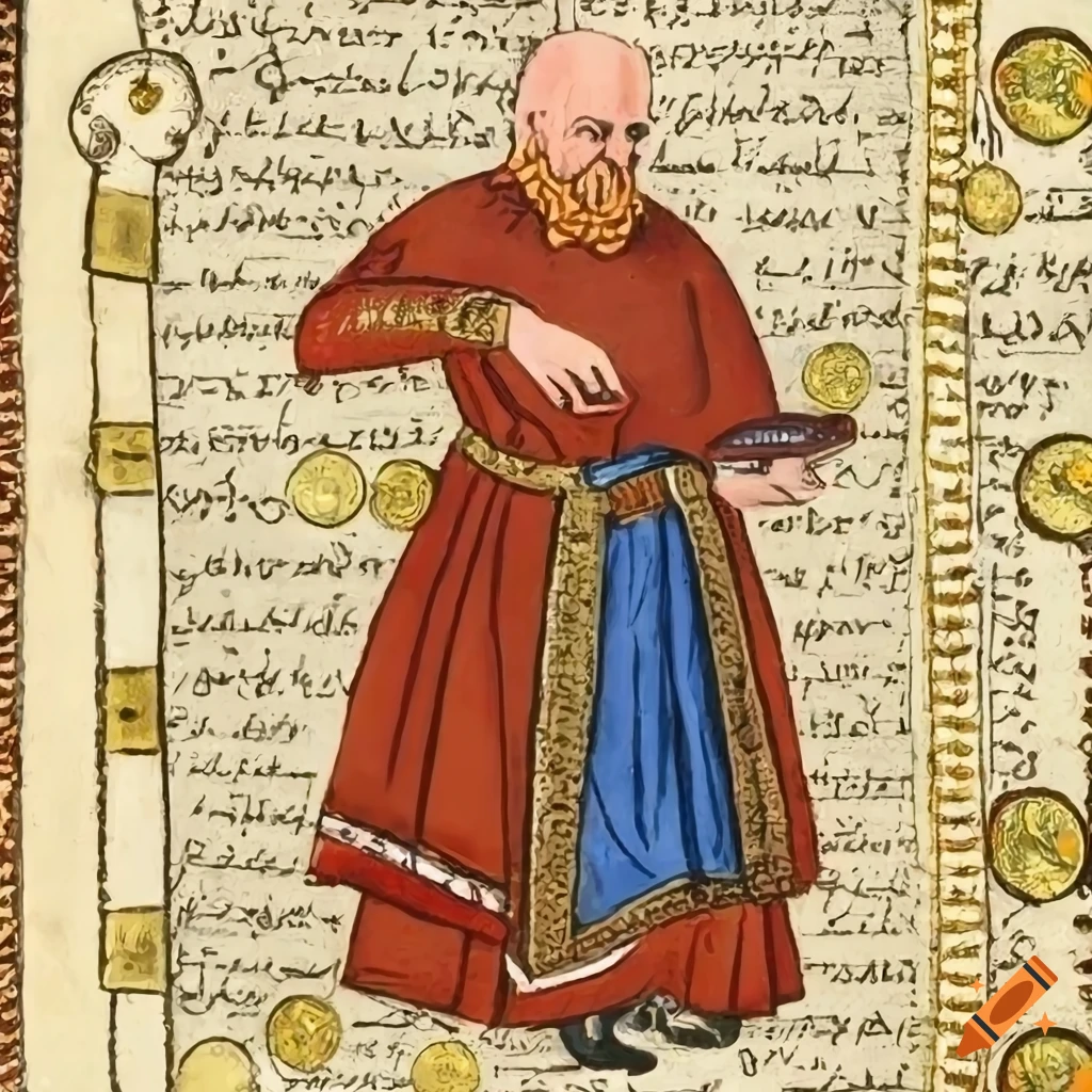 Bald brown bearded man in medieval attire counting gold coins on Craiyon