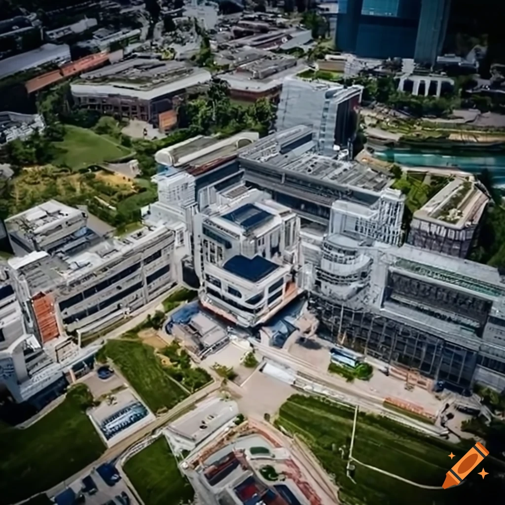 Aerial view of a large hospital complex on Craiyon