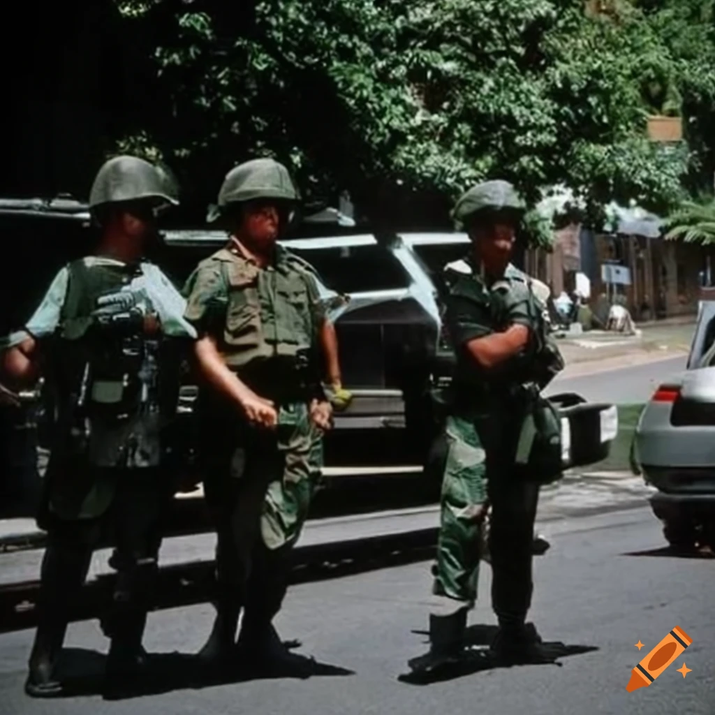 1990s style police and military patrol in a tropical city business ...
