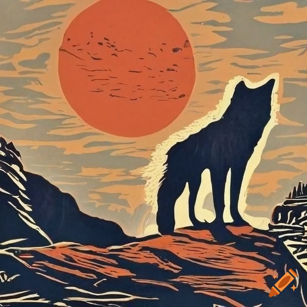 Wolf on a cliff at sunset in linocut style on Craiyon