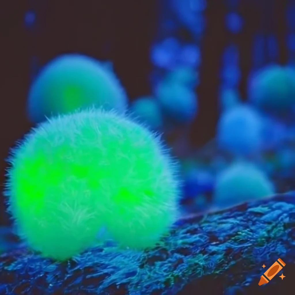 Blue forest with glowing green fuzzy creatures with eyes on Craiyon