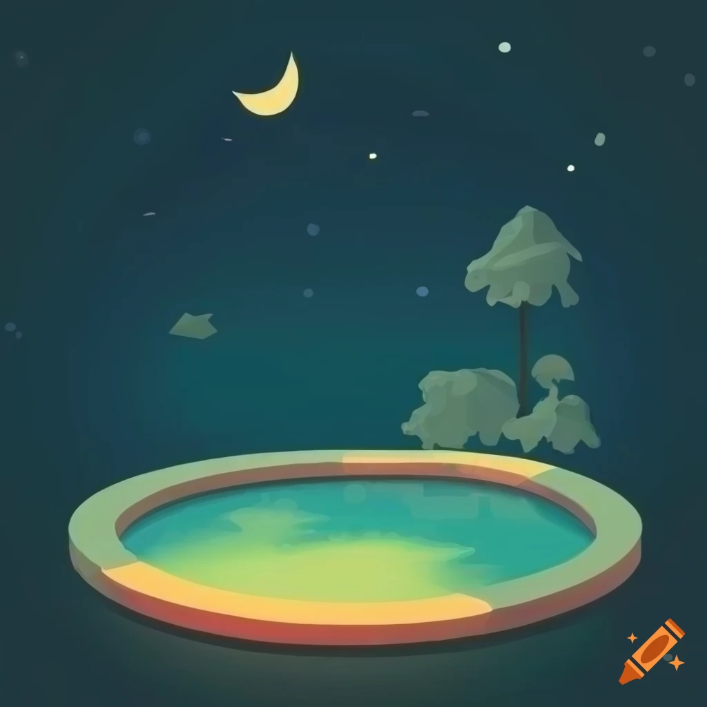 Isometric wide-angle view of a pond at night with simple lines on Craiyon