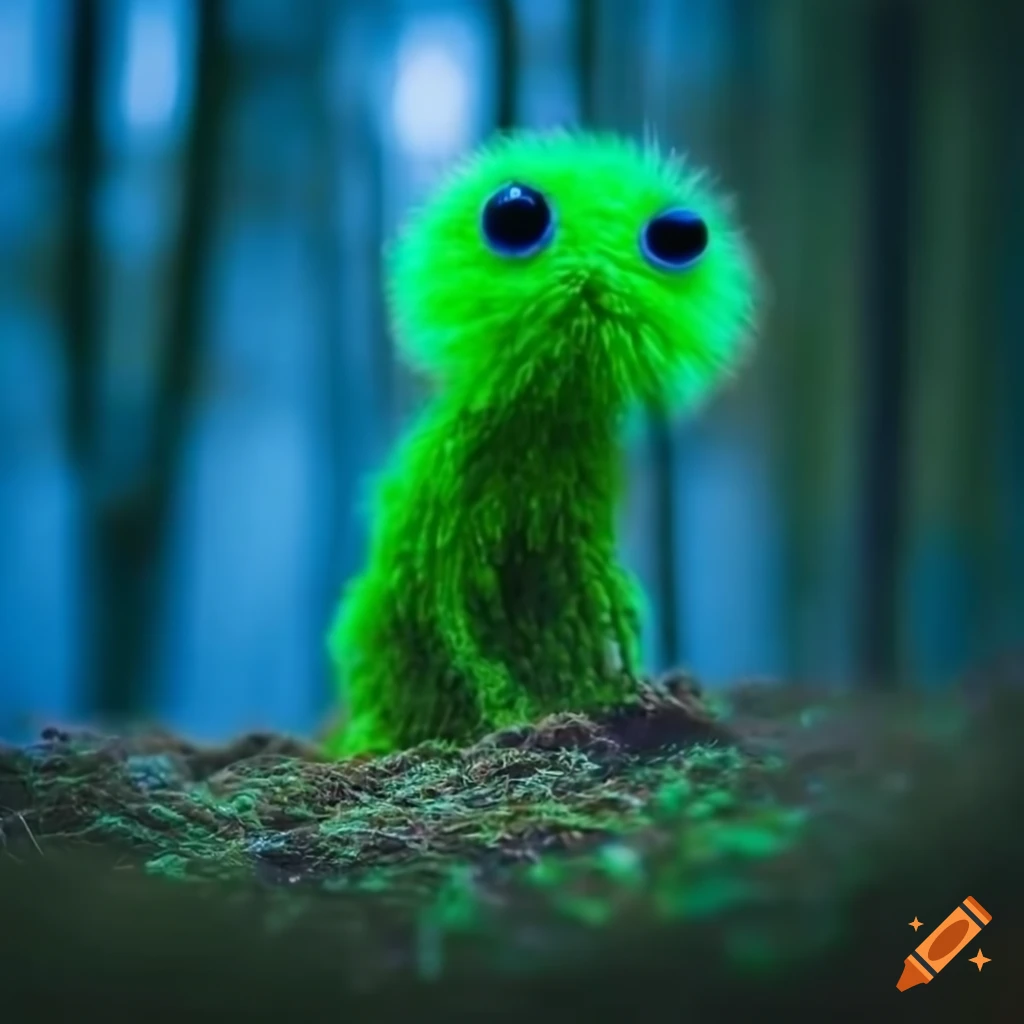 Blue forest with glowing green fuzzy creatures with eyes on Craiyon