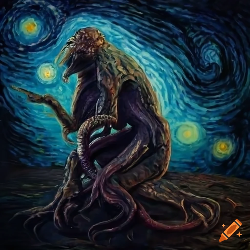 Mythic lovecraftian creature posing in galactic space under a starry ...