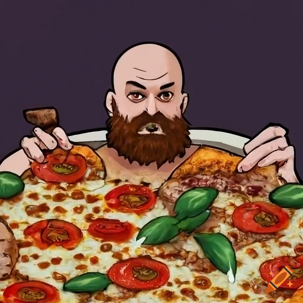 Two men with bald heads and one with a brown beard dining pizza at a ...
