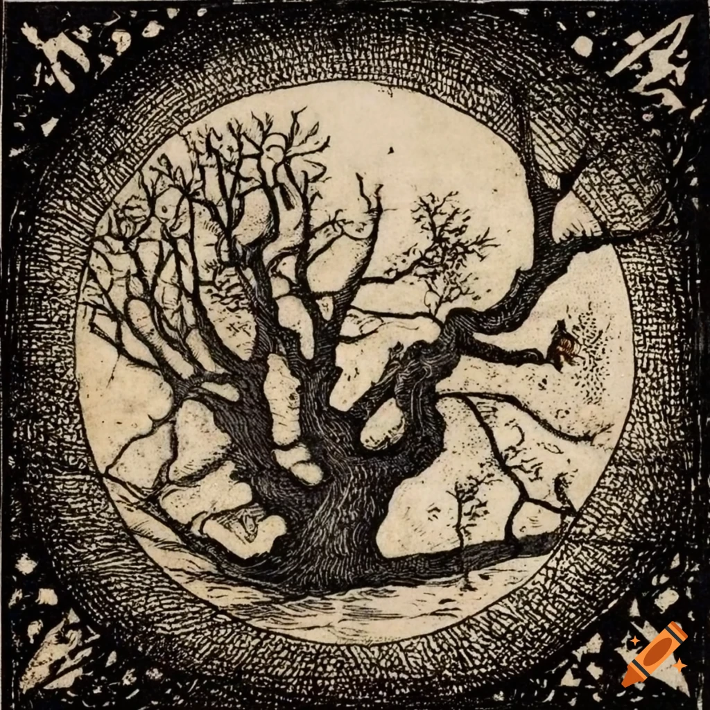 Detailed medieval etching of tree silhouette at night with moon and ...