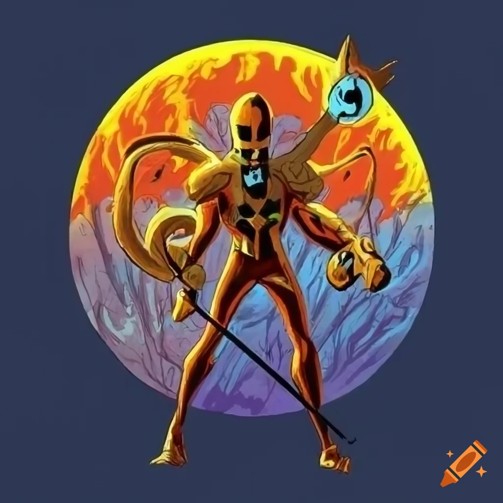 60s 70s magical archer spartan with bright colors and alien designs on ...