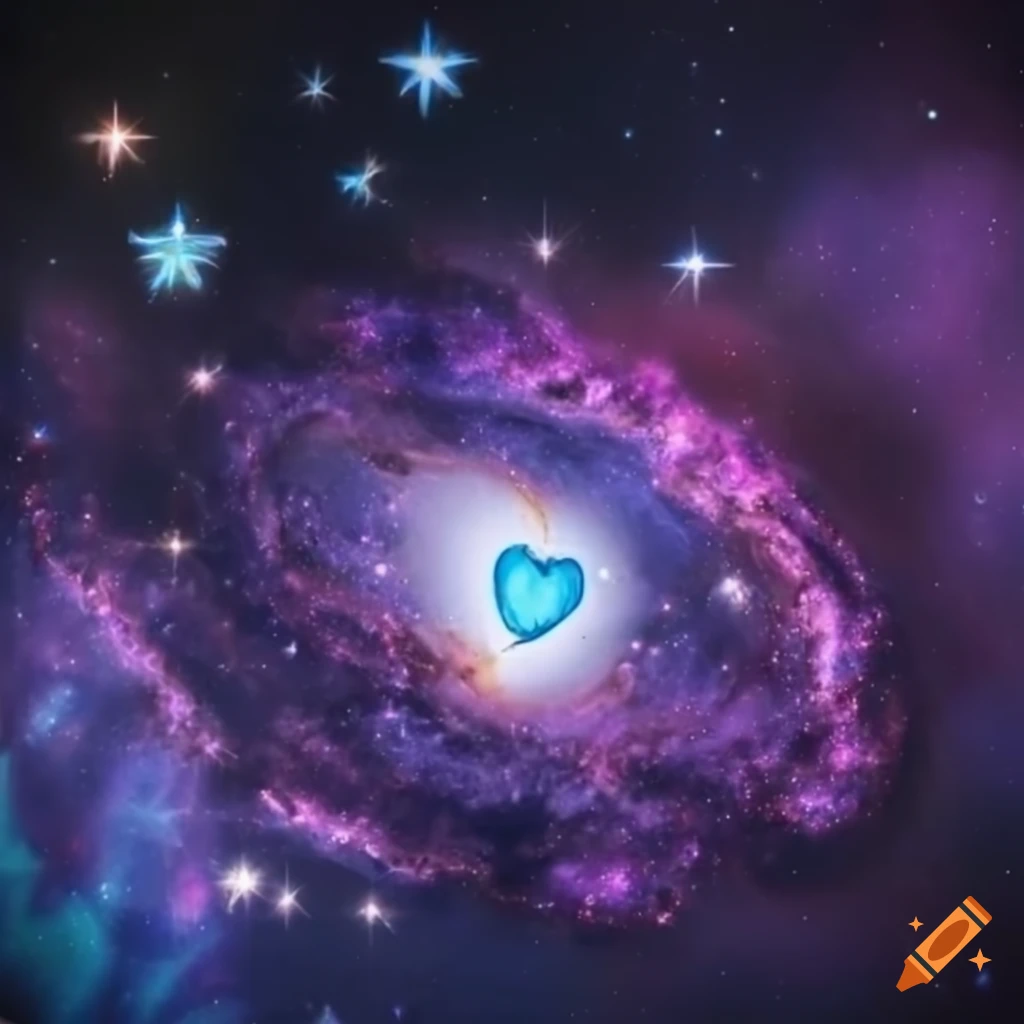 Two merging galaxies with heart-shaped stars in cosmic colors on Craiyon