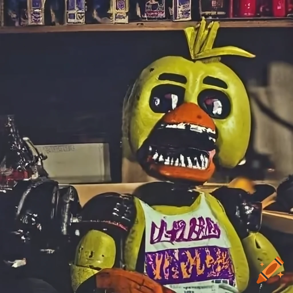 Vintage 1980's analog horror of chica the chicken animatronic on a ...