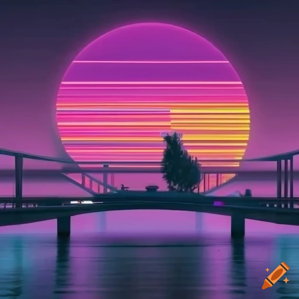Realistic synthwave raccoon on a bridge with city and sunset in ...