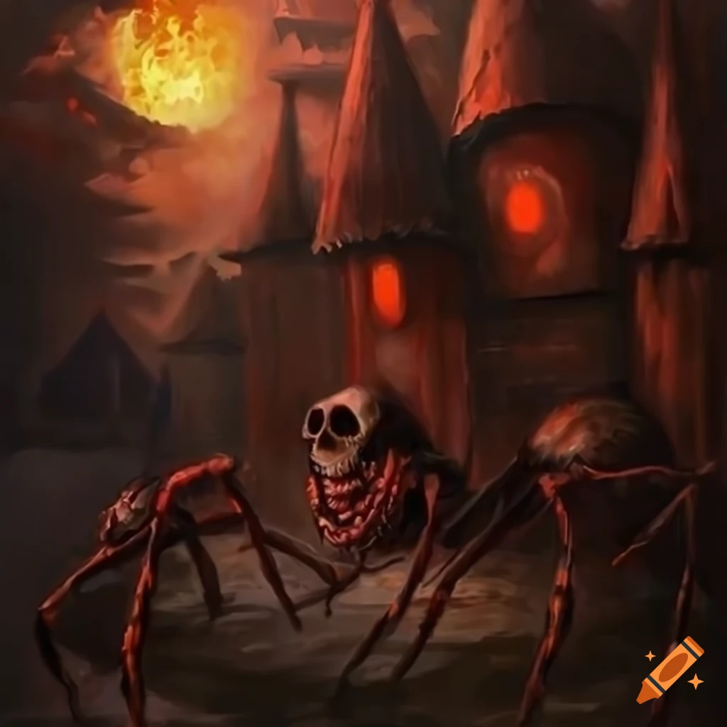 Oil painting of a skeletal membrane spider monster with red eyes ...