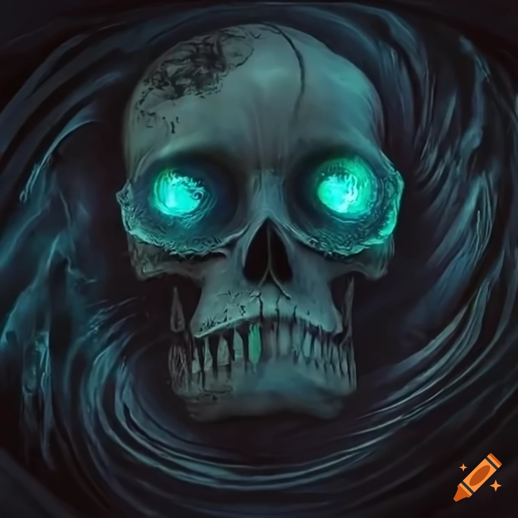 Skeleton with glowing eyes in surreal landscape ideal for a darksynth ...