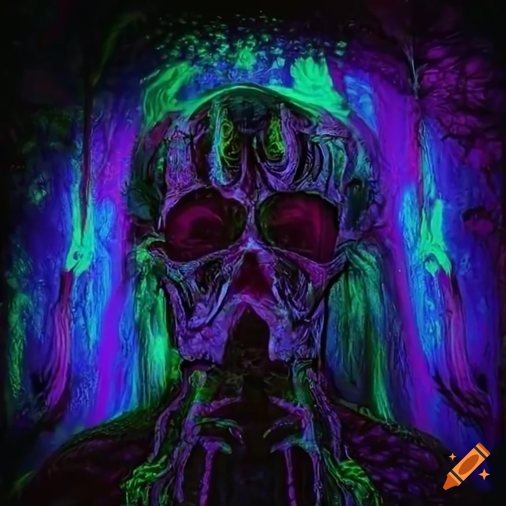 Psychedelic skeleton with glowing eyes in a surreal landscape for ...