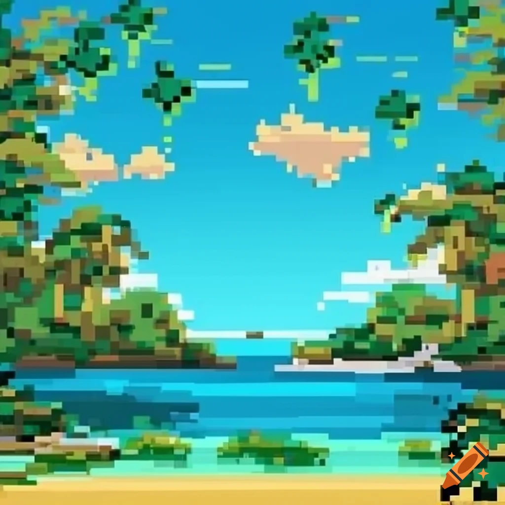 Pixel art tropical paradise with beaches, jungles, and tropical animals ...
