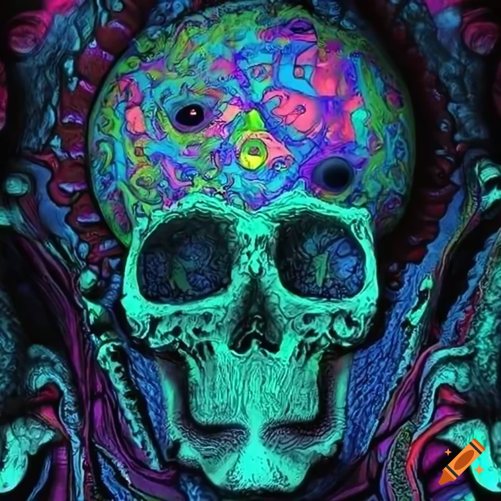 Psychedelic skeleton with glowing eyes in a surreal landscape for darksynth vibe on Craiyon