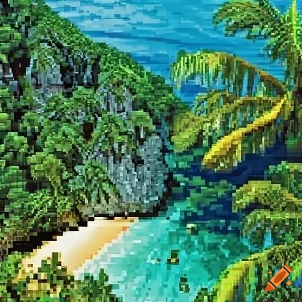 Pixel art tropical paradise with beaches, jungles, and tropical animals ...