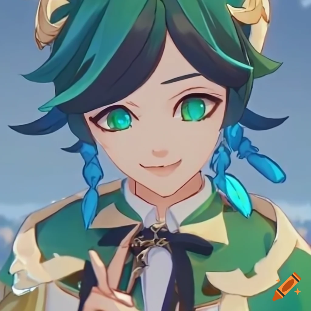 Character venti from genshin impact with distinct green eyes and black ...