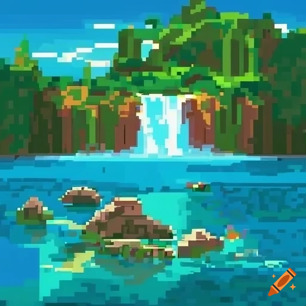 High definition pixel art of a tropical island with beaches, waterfalls, jungles, and tropical ...