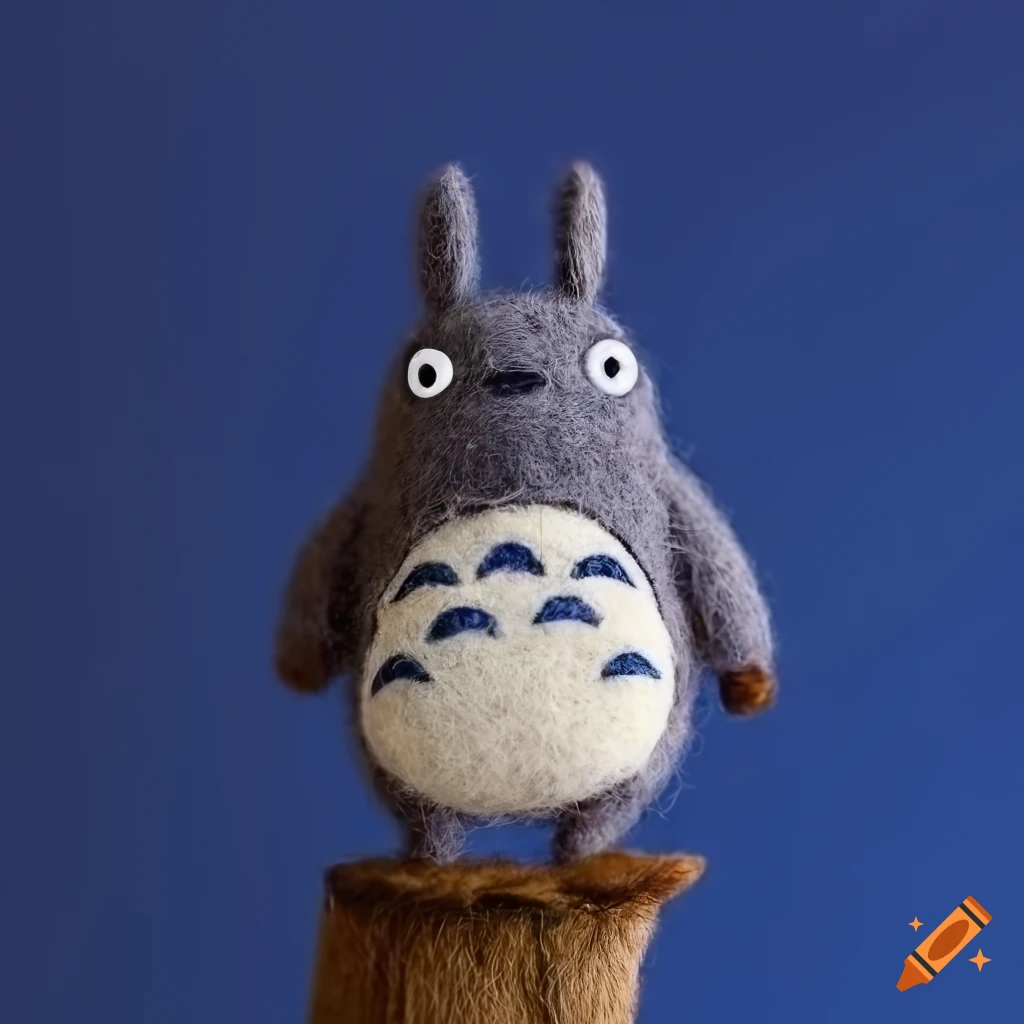 Needle felt totoro on a tree branch in a paper background with dark ...