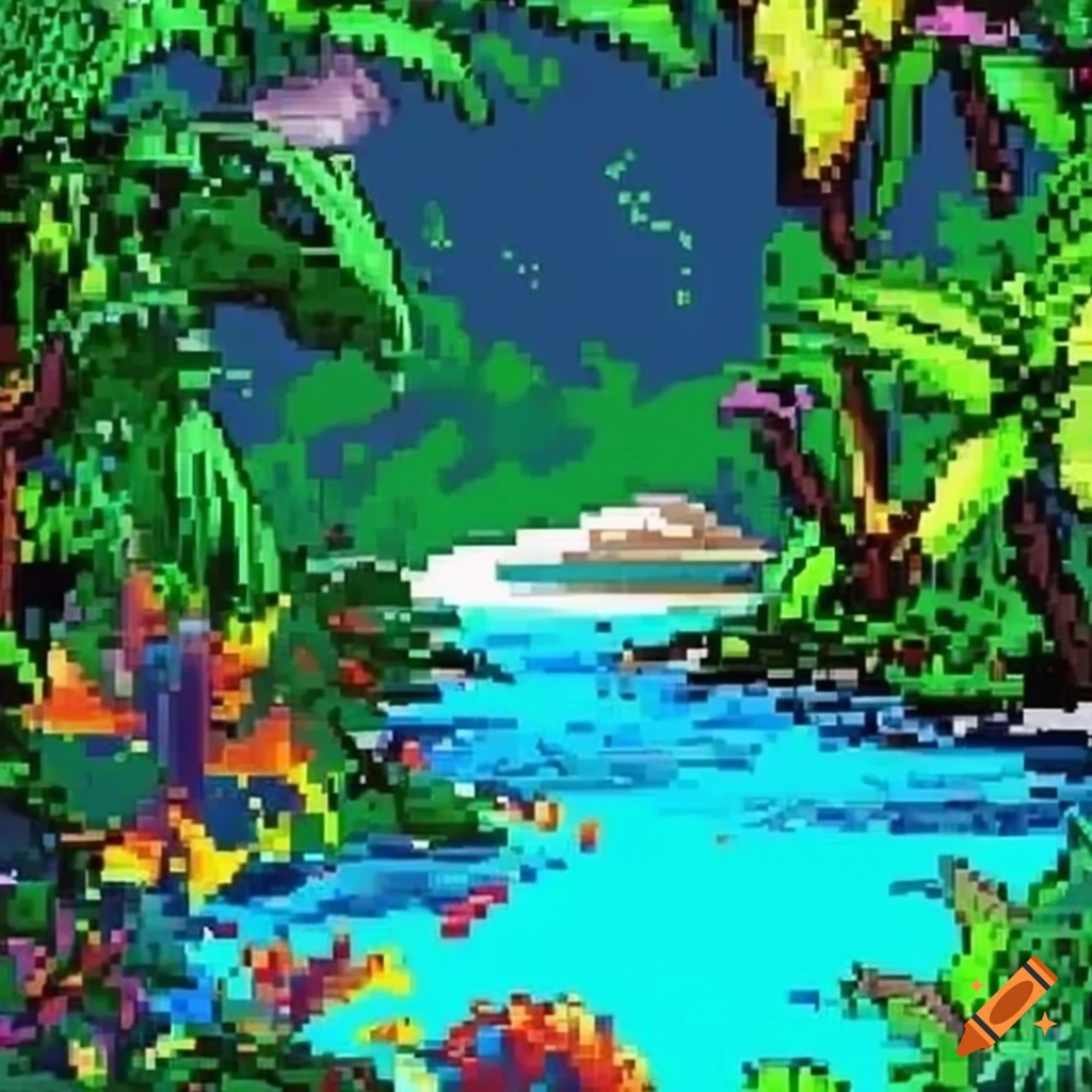 Pixel art tropical paradise with beaches, jungles, and tropical animals ...