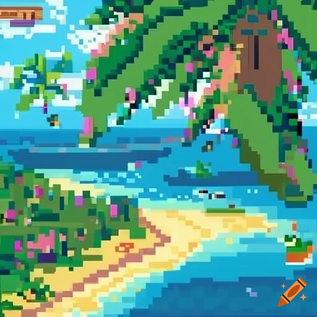 High definition pixel art tropical paradise with beaches, jungles, and ...