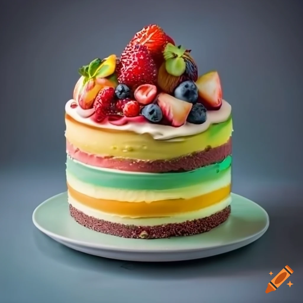 Colorful multi-layered cake with icing and fruits on Craiyon