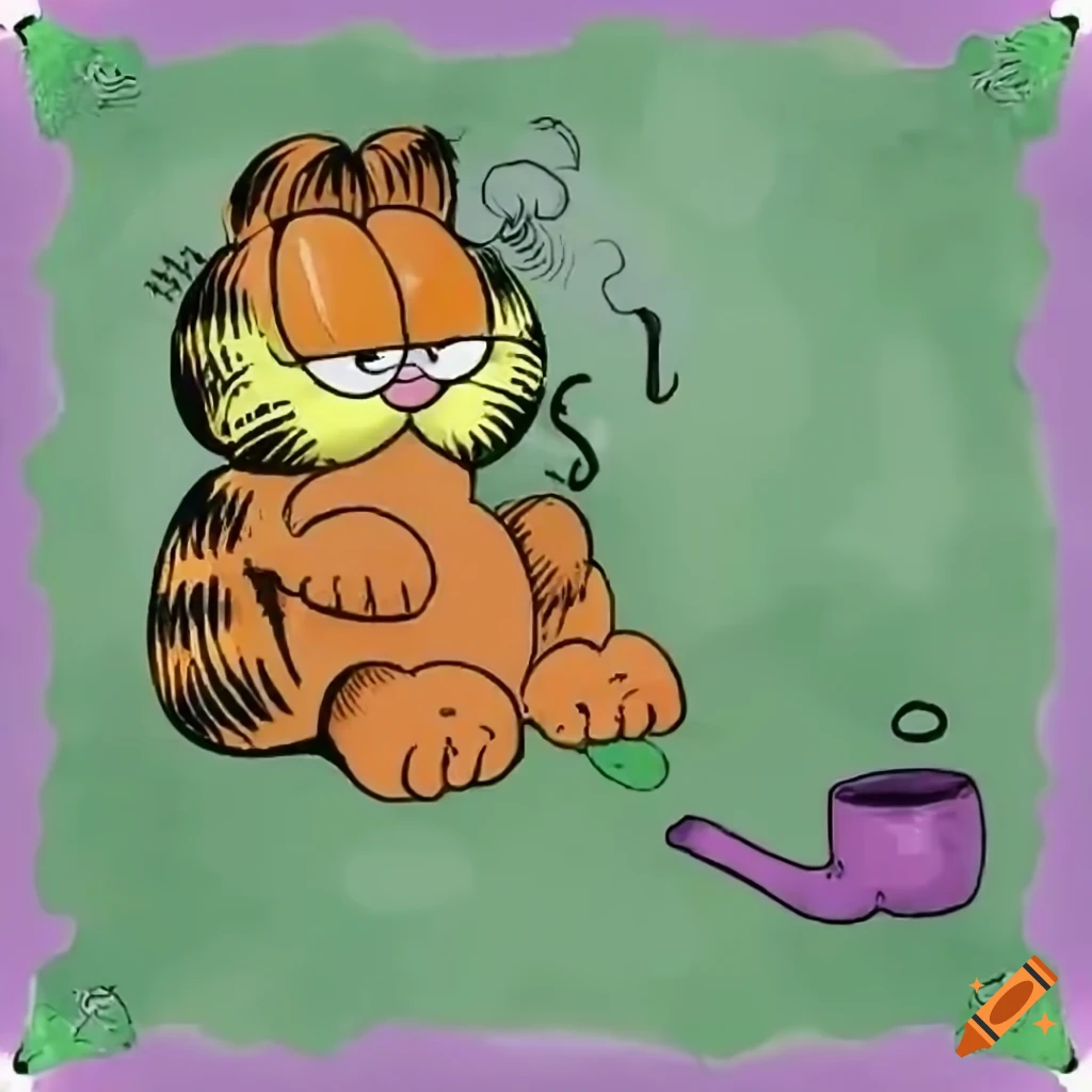 Garfield sitting on green floor and purple walls with a purple pipe on ...