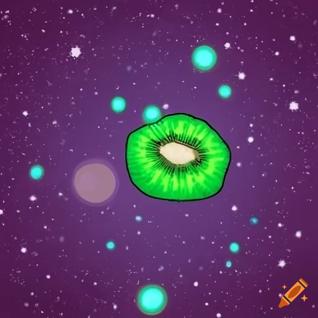 Neon green and purple kiwi fruit in space near a spaceship on Craiyon