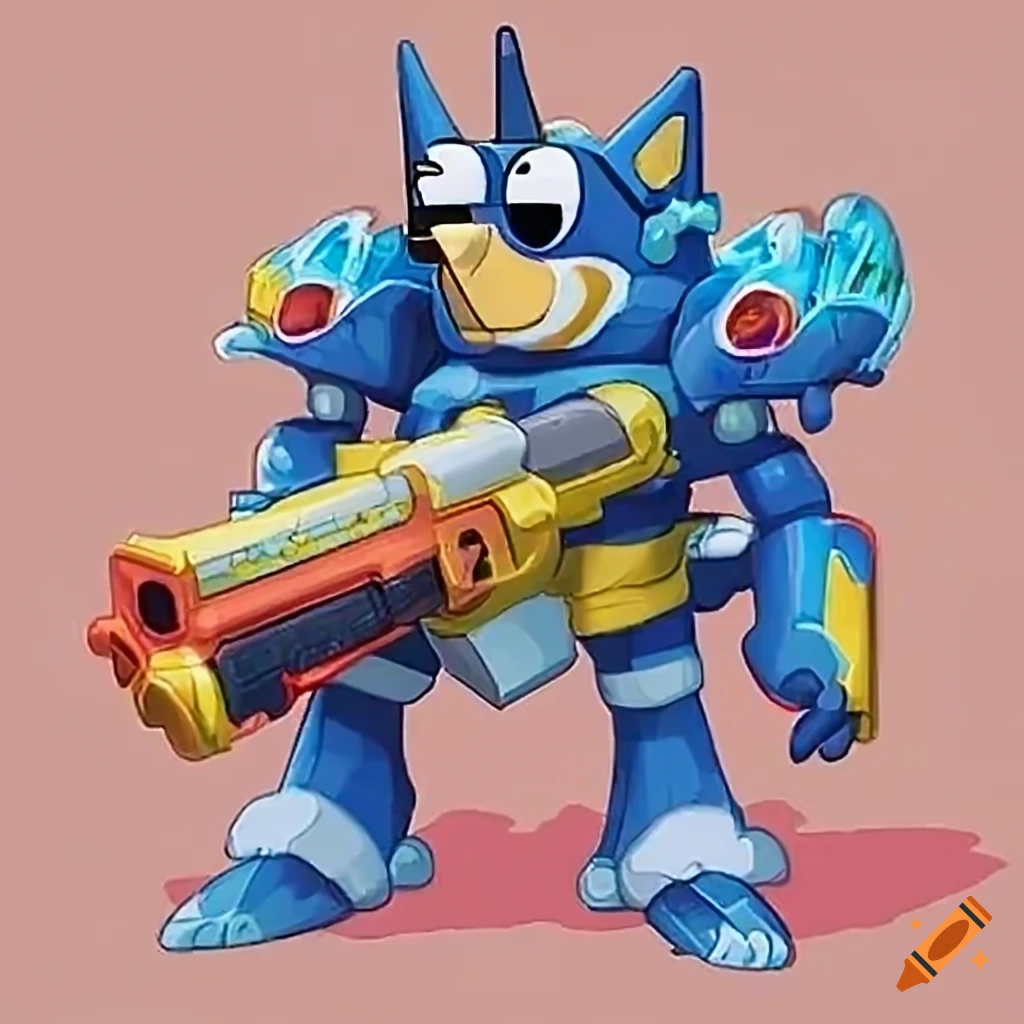 Bluey as a B-da blaster character from Battle B-daman on Craiyon