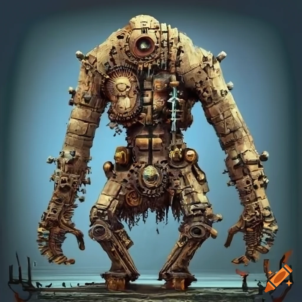 Steampunk Golem made from a motherboard in Beksinski style on Craiyon