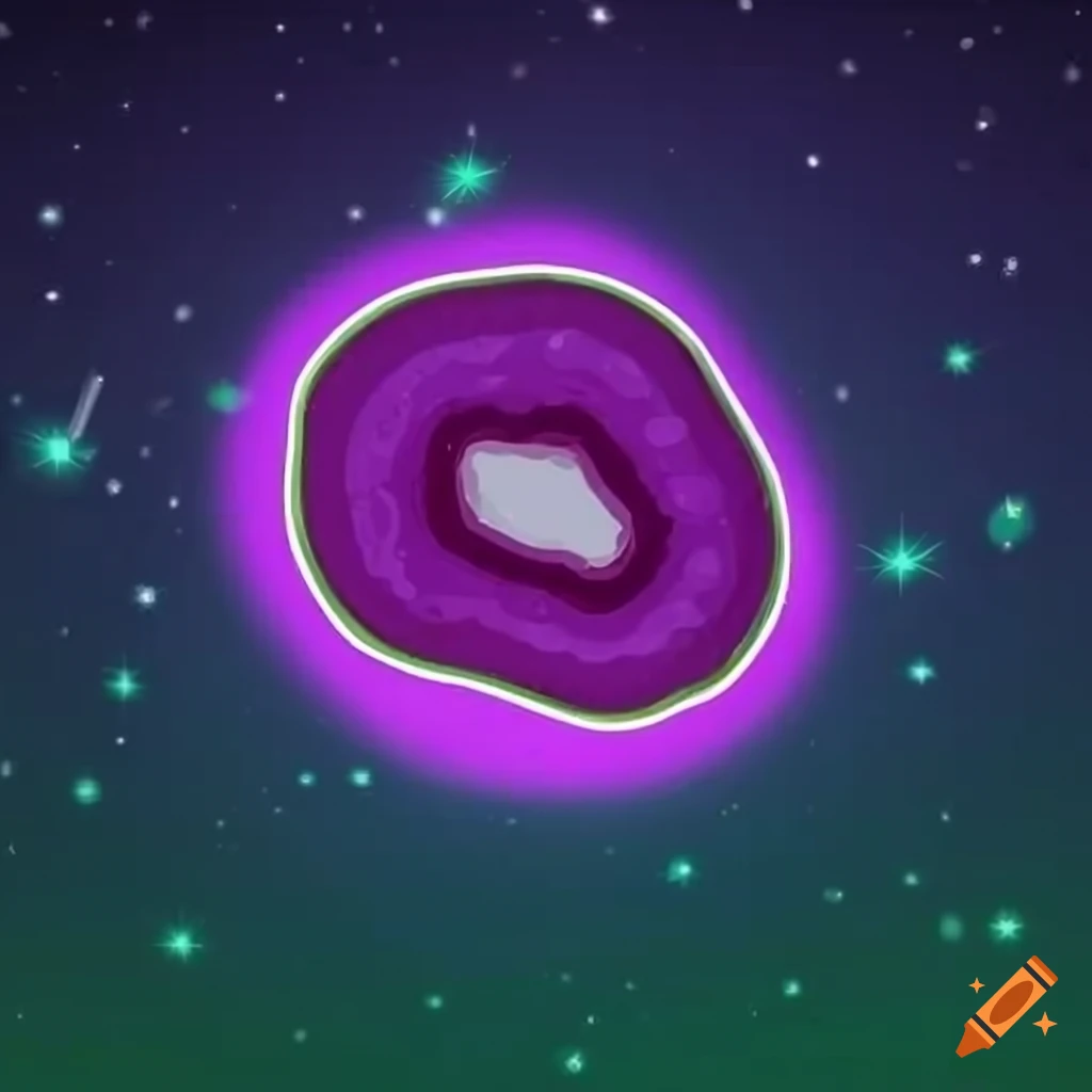 Neon green and purple kiwi fruit in space near a spaceship on Craiyon