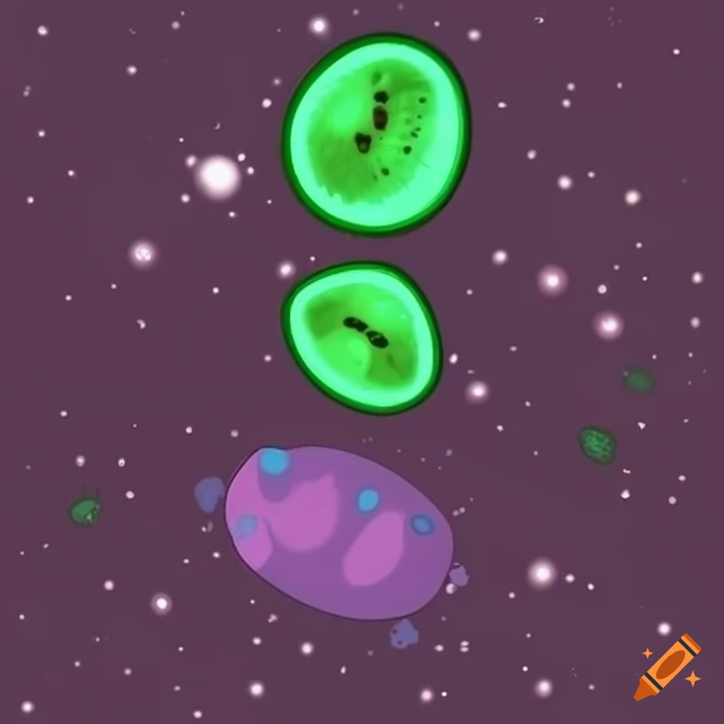 Neon green and purple kiwi fruit in space near a spaceship on Craiyon