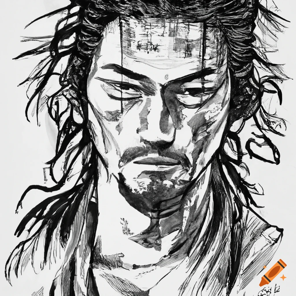 Portrait of Miyamoto Musashi from Vagabond by Yoji Shinkawa in black ...