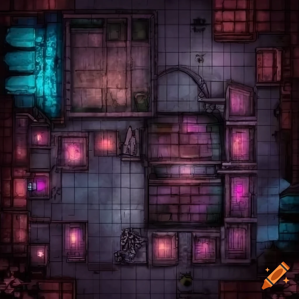 Top down RPG tabletop battlemap of a dark cyberpunk warehouse on Craiyon