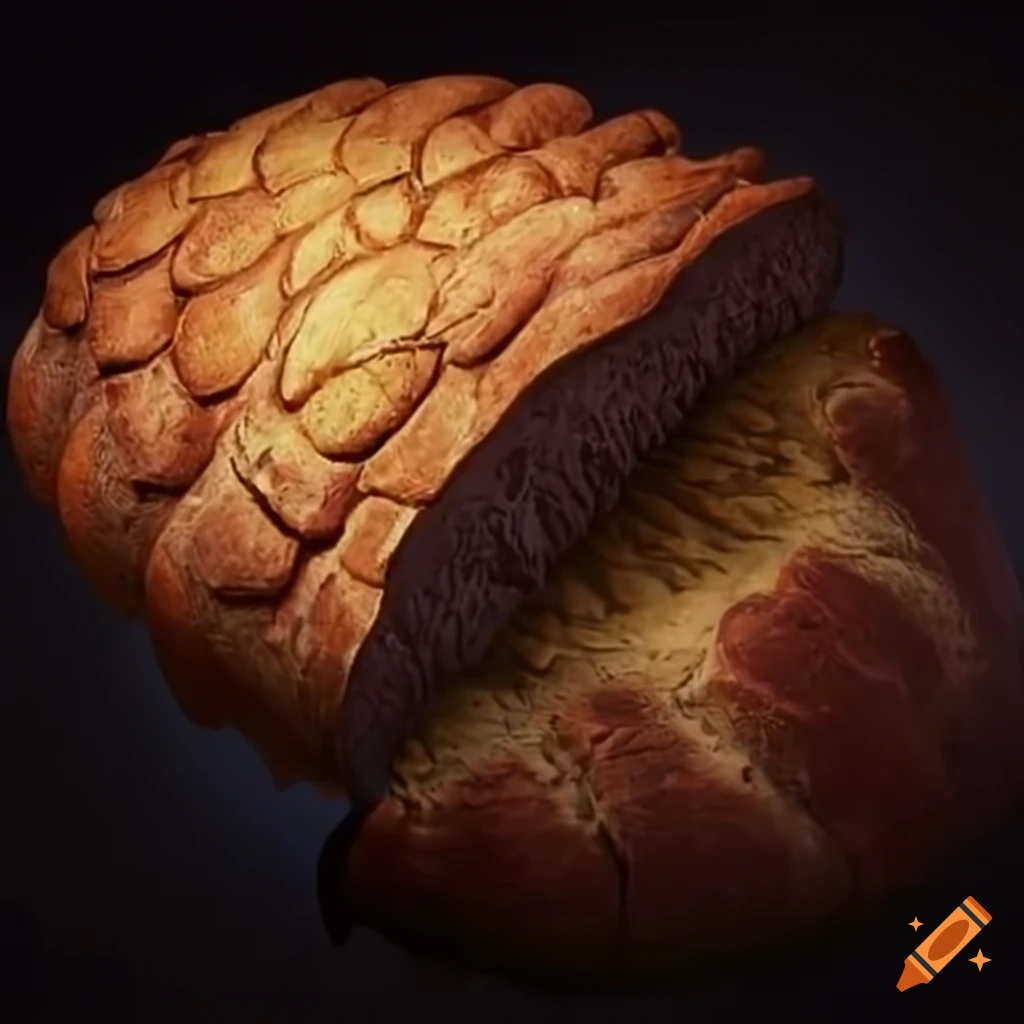 Dragon scales on a loaf of bread in a dungeon and dragons theme on Craiyon