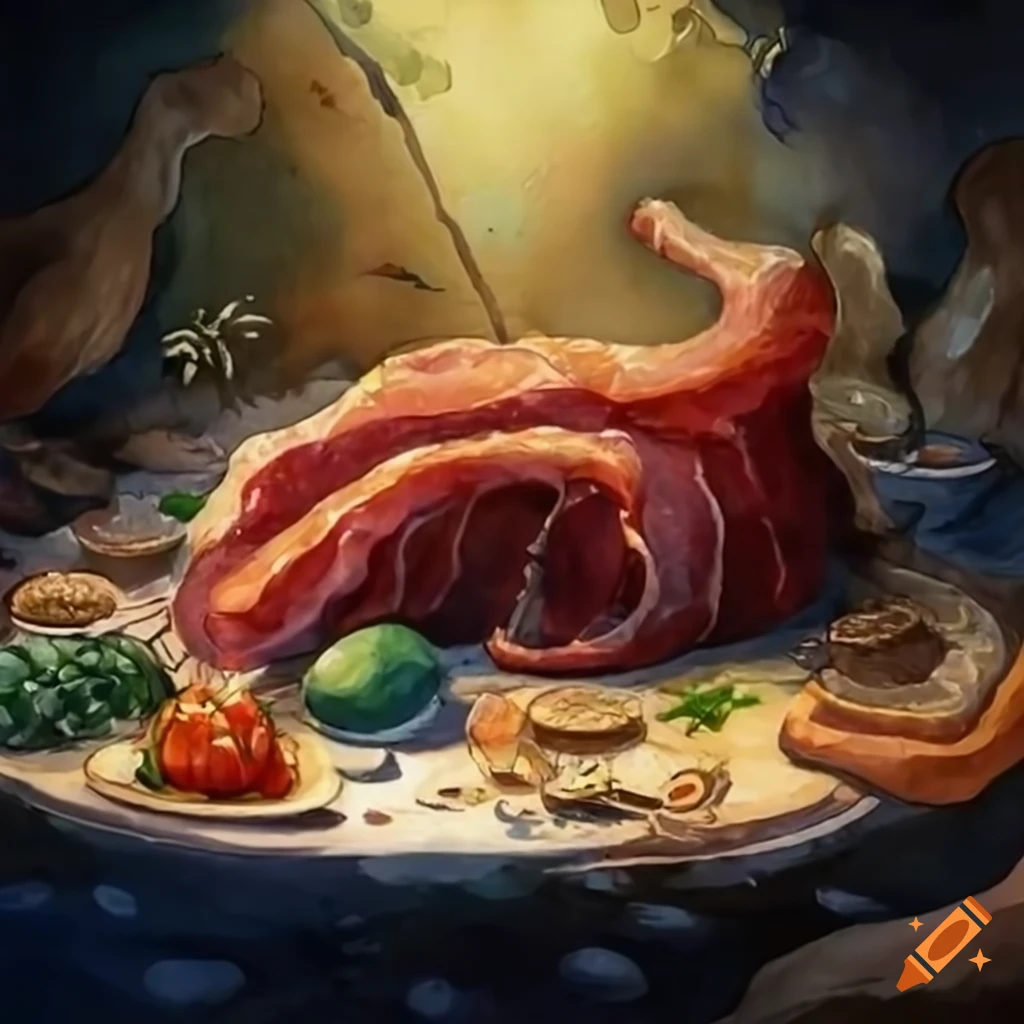 Fantasy feast with kelpie meat and aquatic vegetables on Craiyon