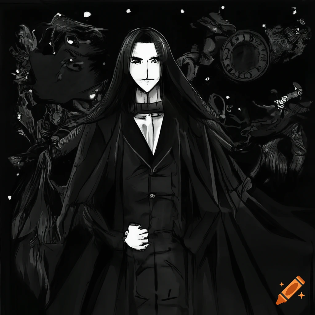 Man in tailcoat surrounded by ethereal clocks in monochrome manga style ...