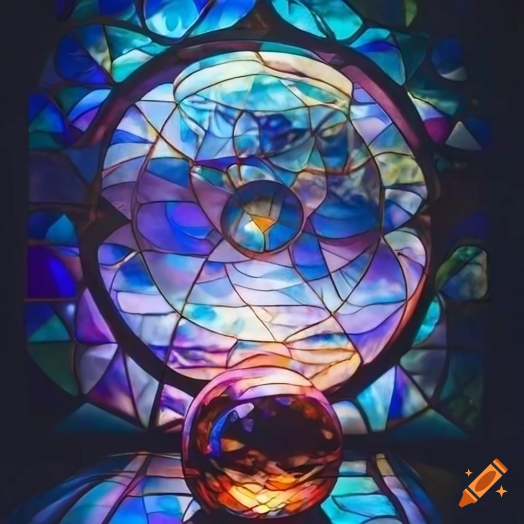 Stained glass window with ethereal crystal ball design in moonlight on ...