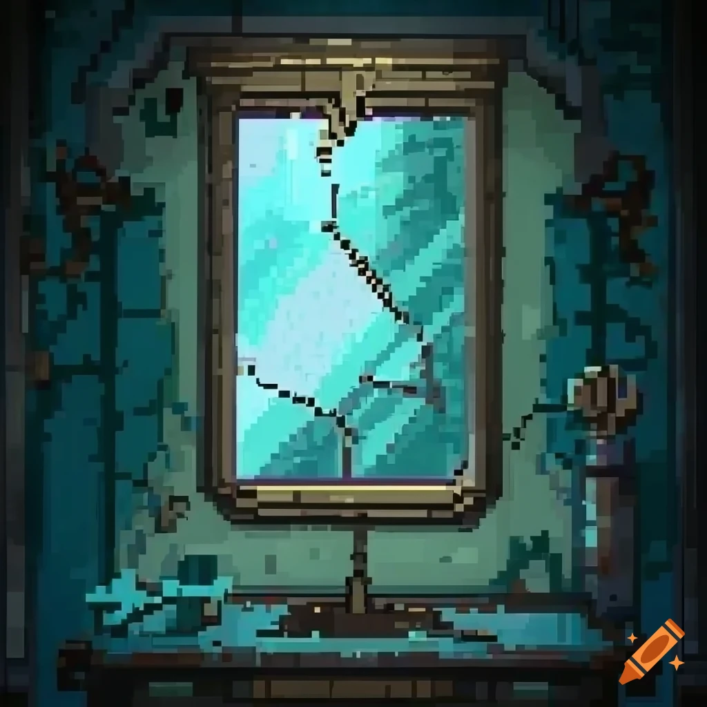 Pixel art of broken mirror in a decaying room with mythic background on ...