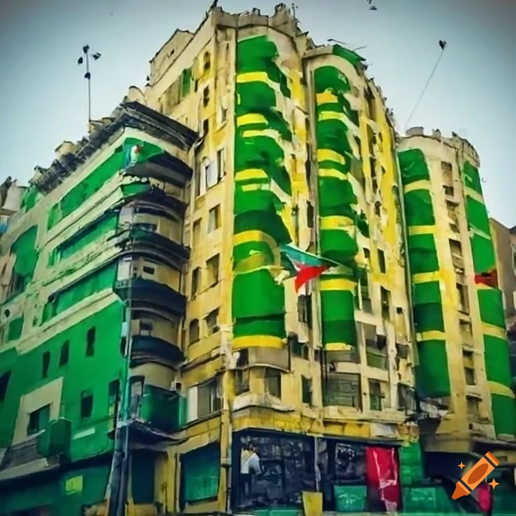 Cityscape in ramallah, palestine with buildings decorated in yellow and ...